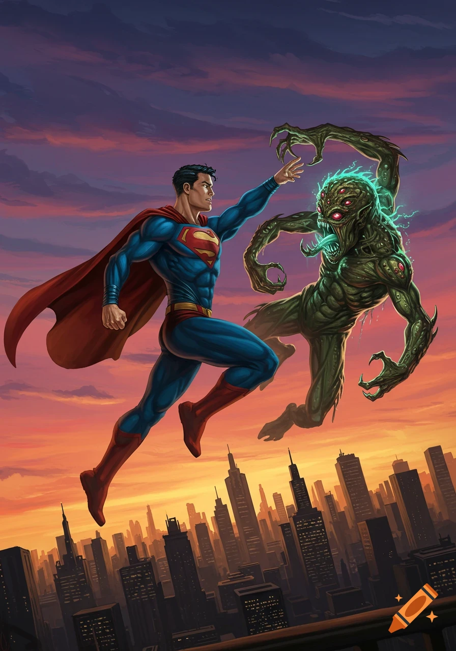 Superman flying and fighting a green alien monster above a city skyline ...