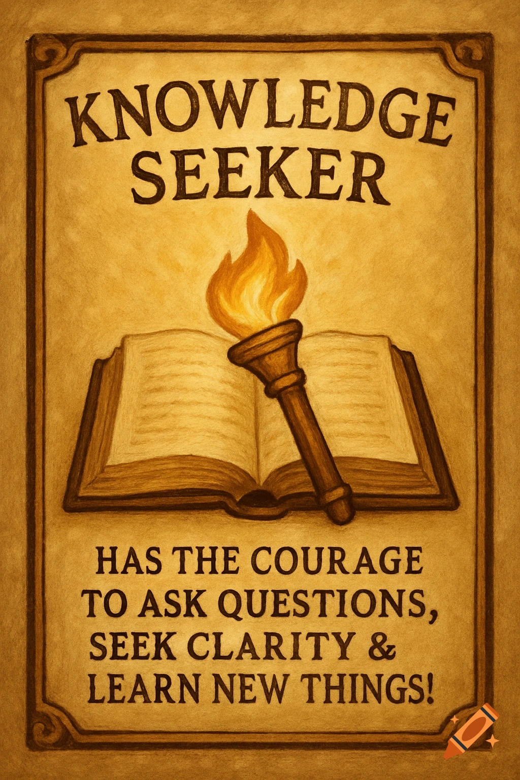 Vintage-style poster with text 'Knowledge Seeker' above an open book and torch. on Craiyon