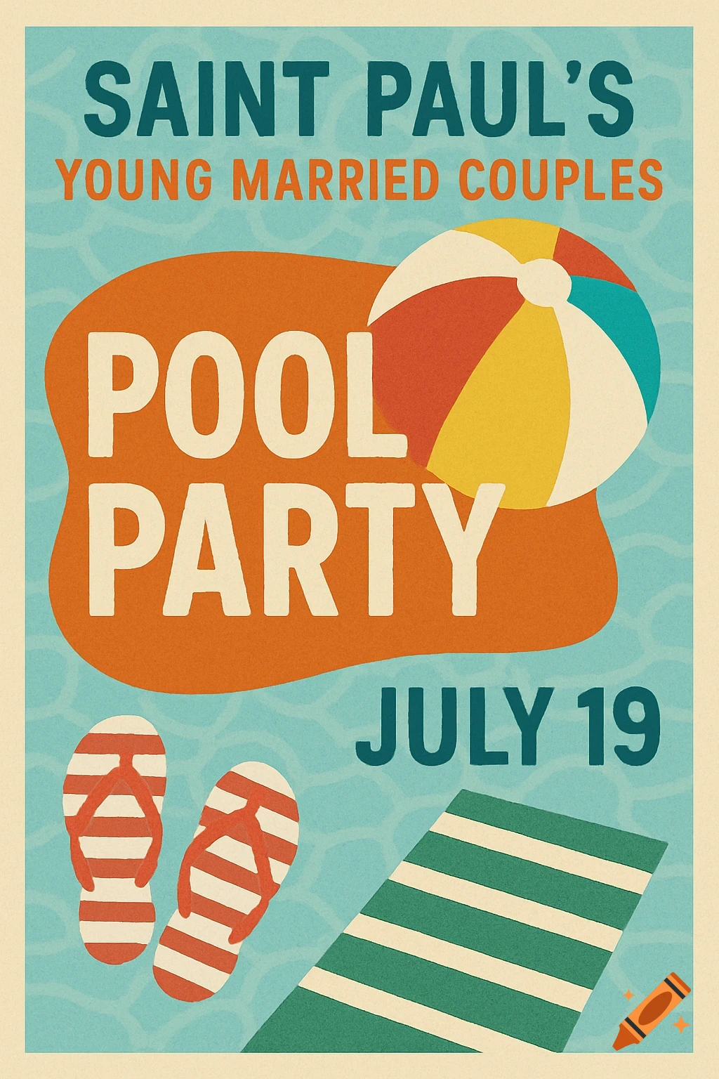 Vintage style poster for a pool party featuring a beach ball, flip ...