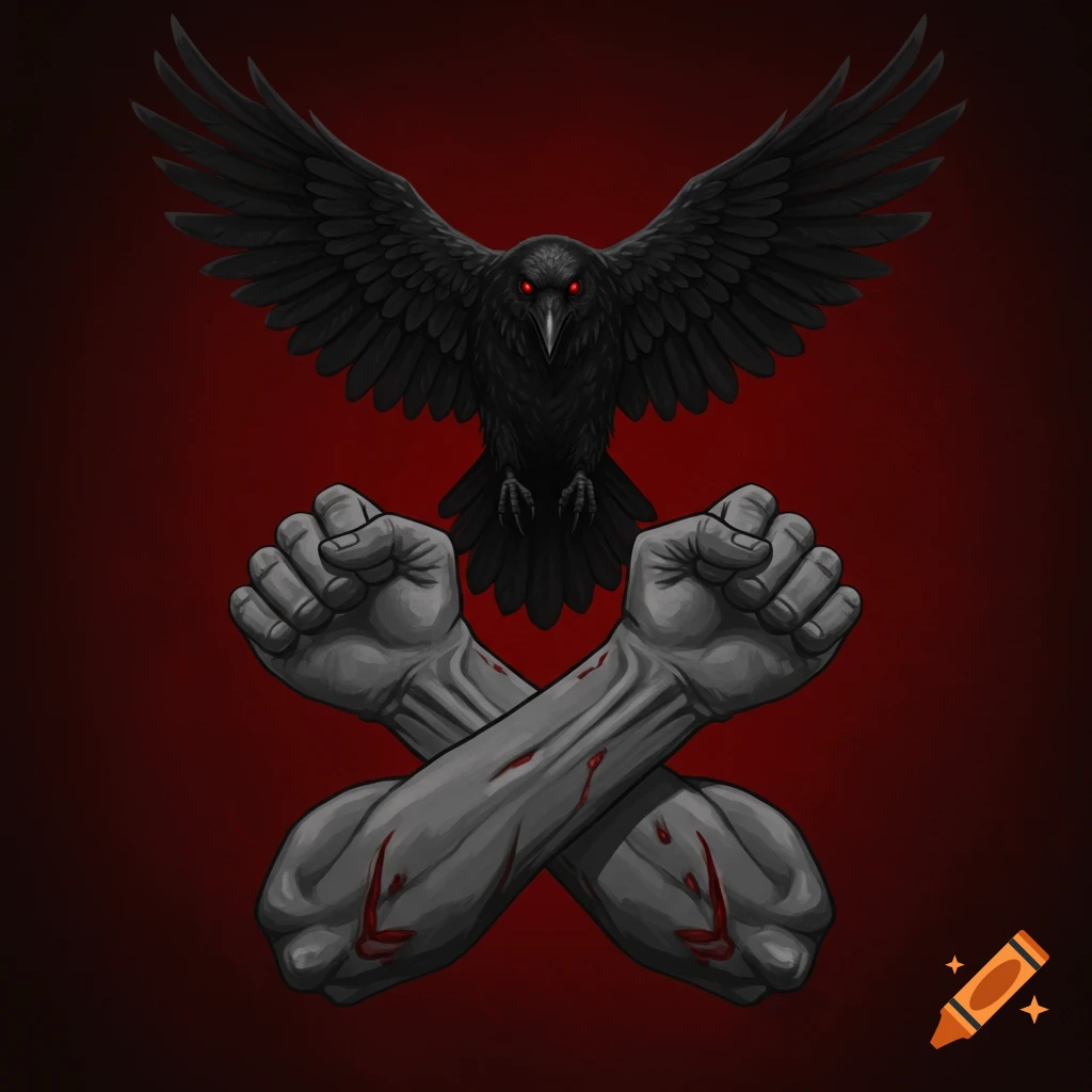 Stylized graphic of a black crow with red eyes flying above crossed ...