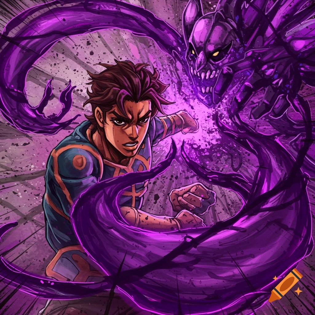 Comic style art of a person fighting a purple monster with swirling ...