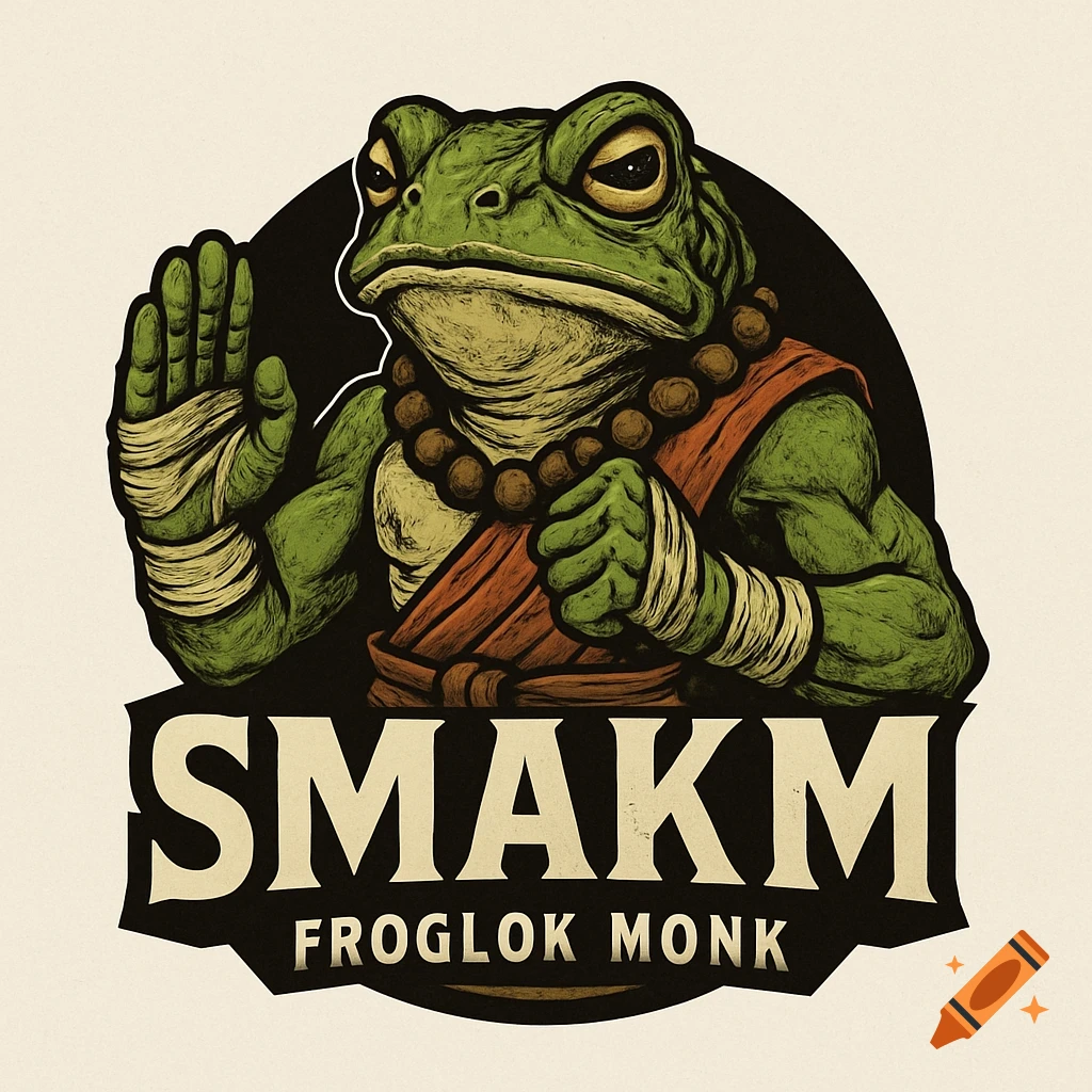 A stylized logo featuring a green frog character depicted as a monk ...