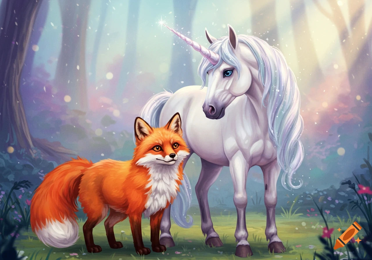 An orange fox and a white unicorn standing together in a magical forest ...
