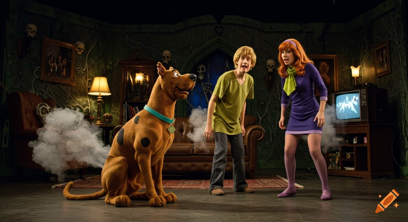 Scooby-Doo, Shaggy, and Daphne in a spooky room with smoke. on Craiyon
