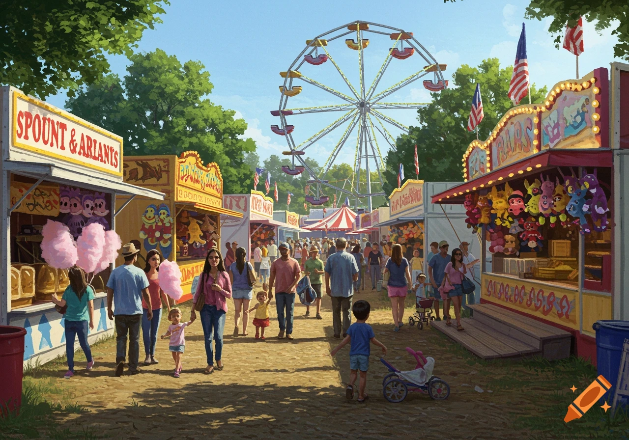 An illustrated scene of a busy fair with people walking past booths and ...