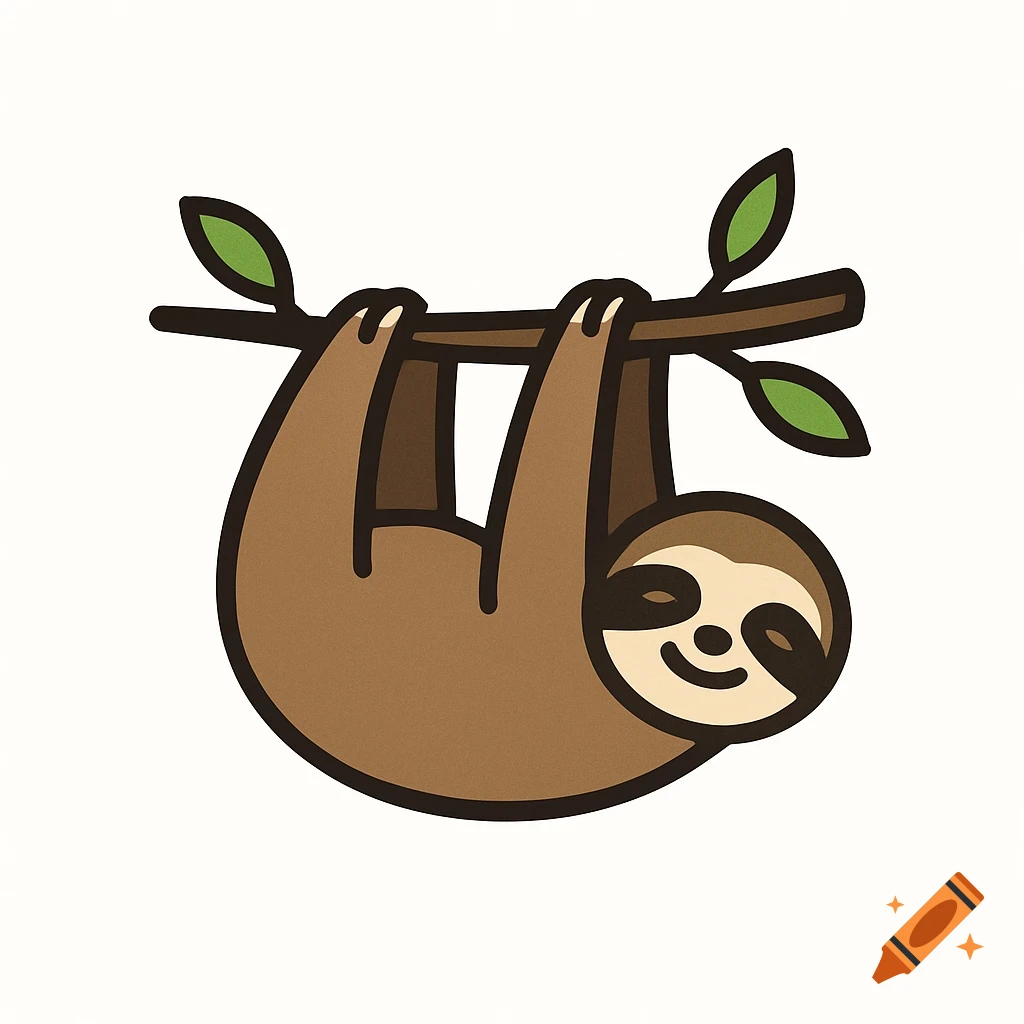 A simple cartoon illustration of a sloth hanging upside down from a ...