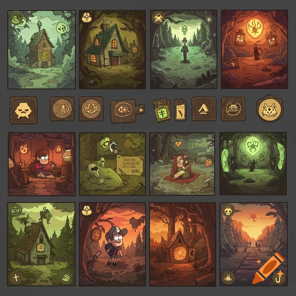 A grid of stylized illustrations for a board game tile set, featuring ...