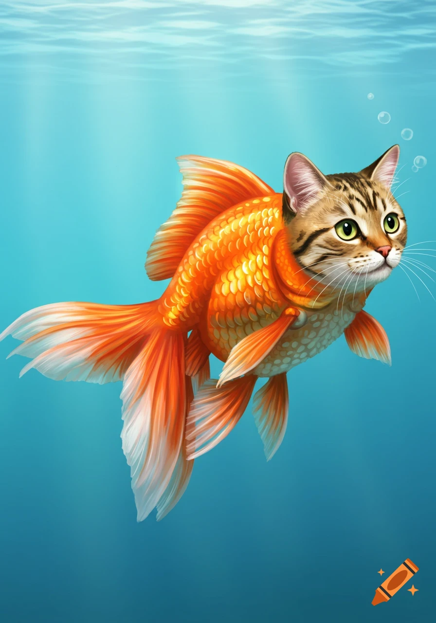 A creature with a cat head and a goldfish body swims underwater. on Craiyon