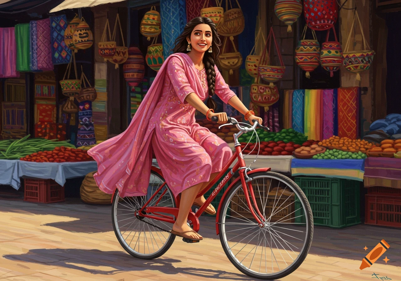 Woman in pink riding a red bicycle through a vibrant market on Craiyon
