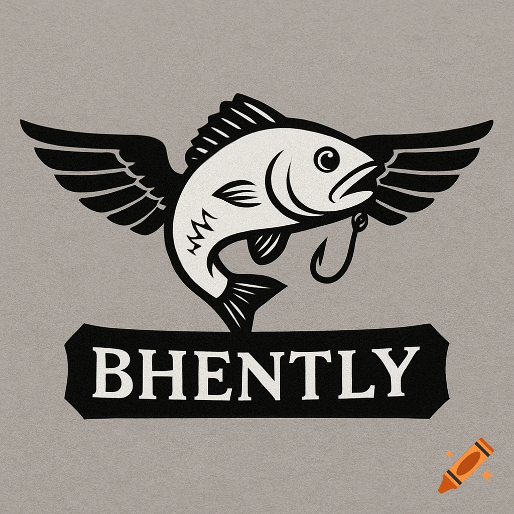 A black and white graphic logo of a winged fish above a banner with the ...