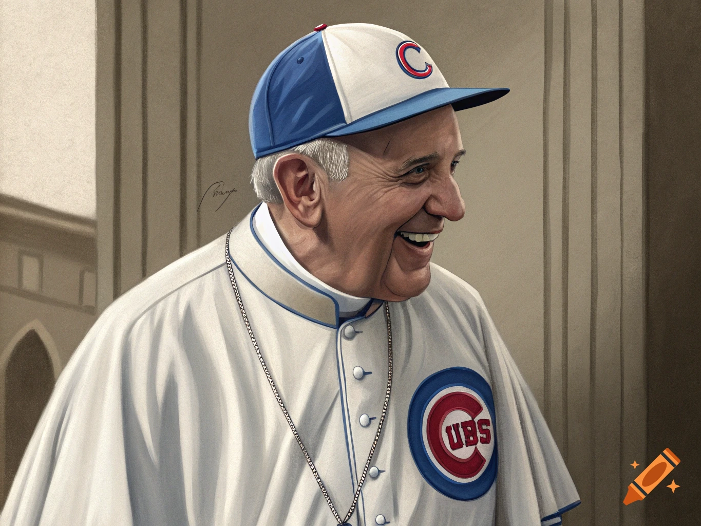 Portrait of Pope Francis smiling, wearing a Chicago Cubs baseball cap ...