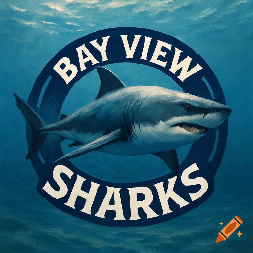 Painting of a shark swimming underwater with a circular logo reading ...