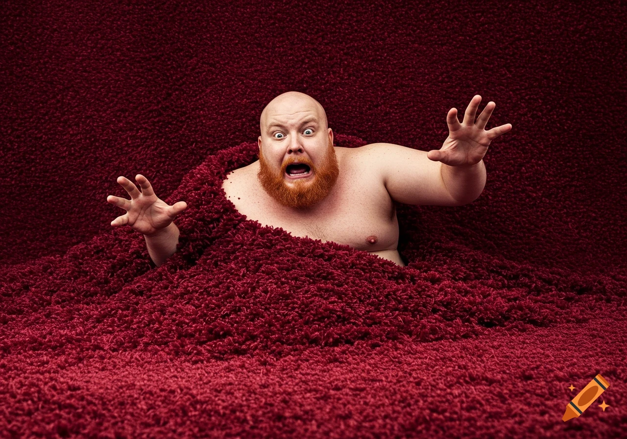 A bald, bearded man with a scared expression emerges from a deep red ...