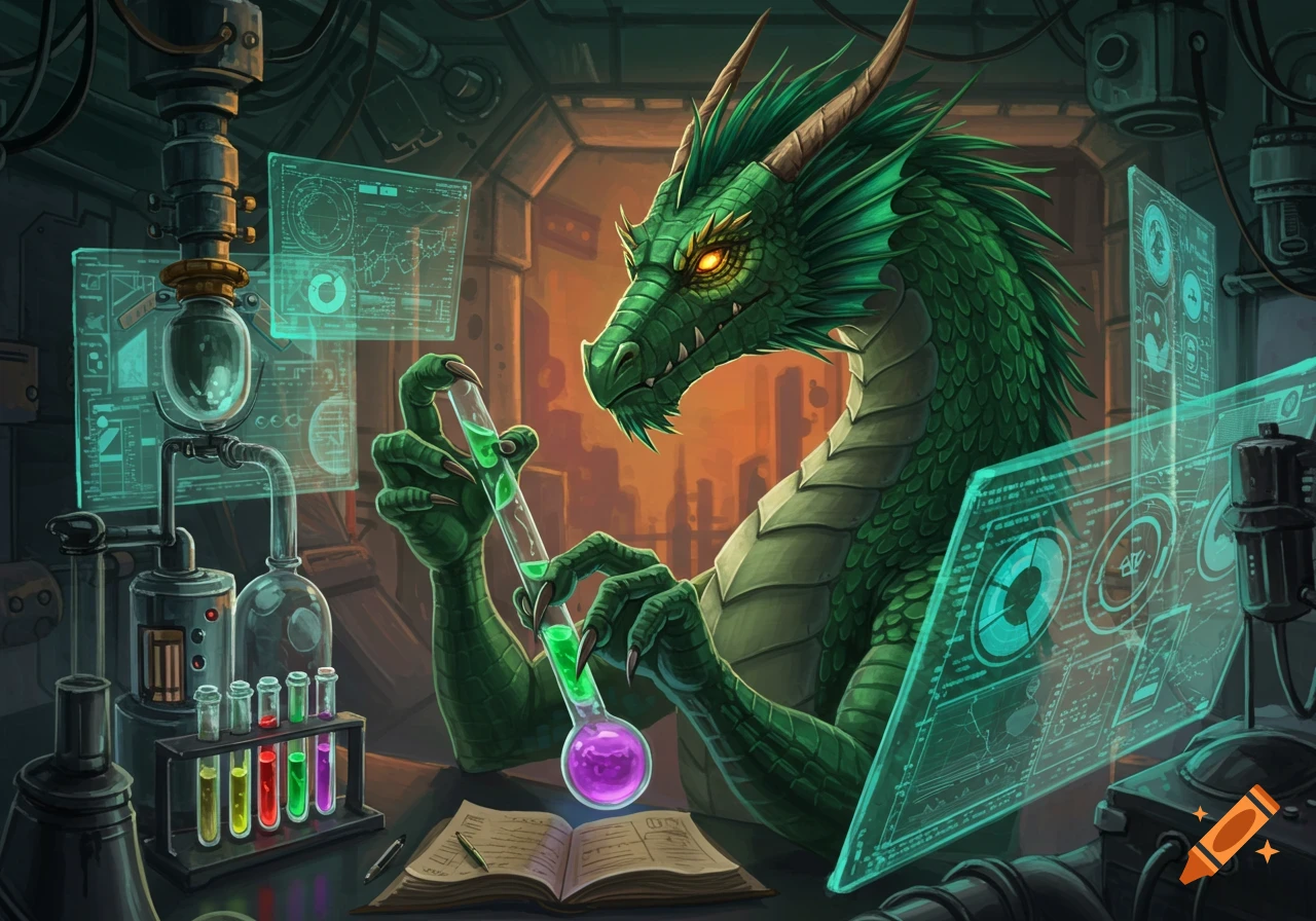 A green dragon in a laboratory examines a test tube of green liquid. on ...
