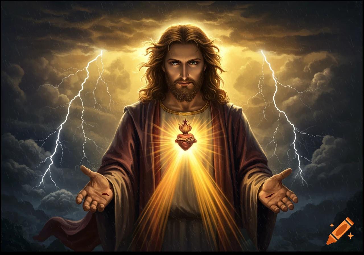 Jesus with sacred heart and stigmata stands with outstretched hands ...