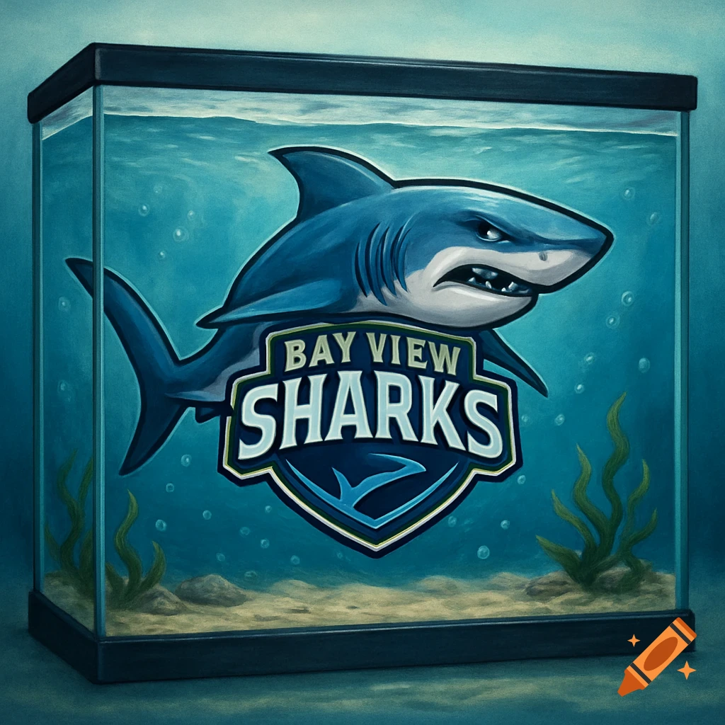 Cartoon shark with 'BAY VIEW SHARKS' logo in a fish tank. on Craiyon