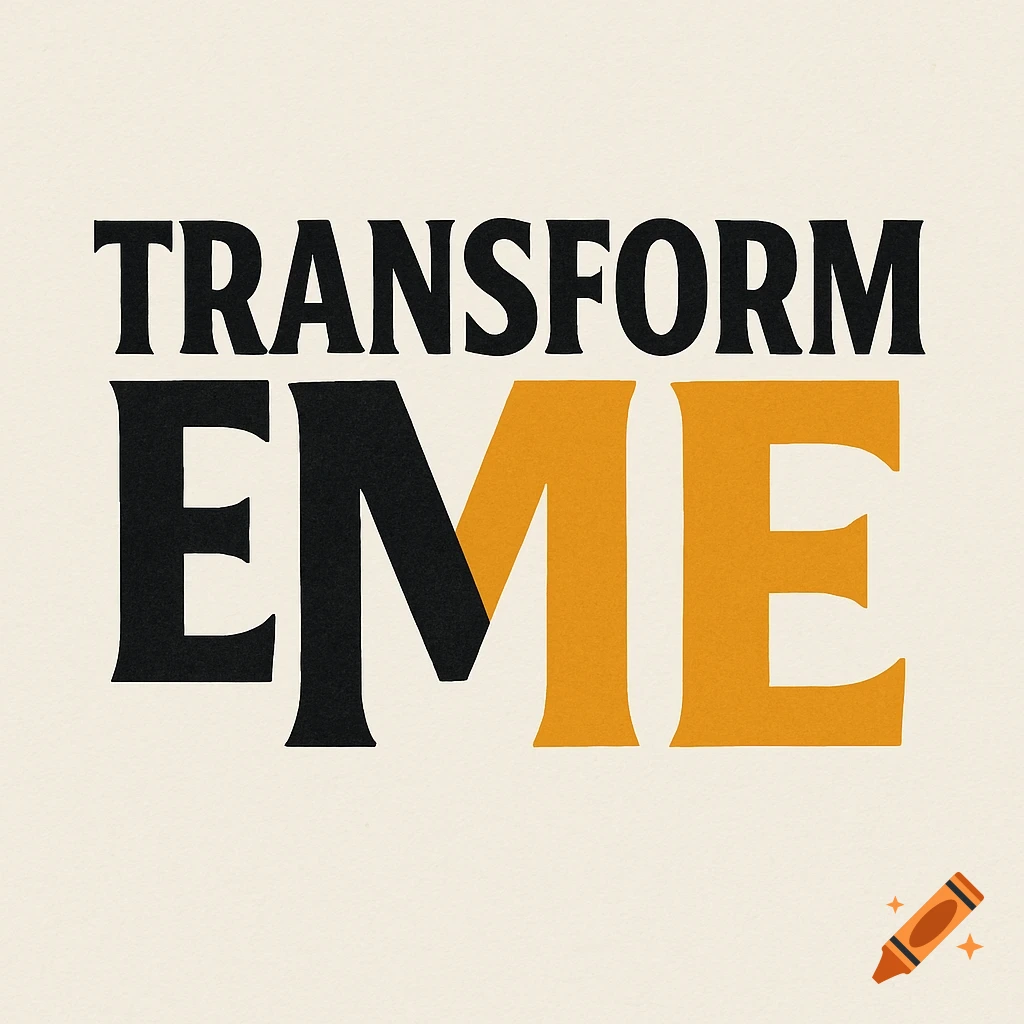 Typography showing 'TRANSFORM EME' with overlapping letters forming 'ME ...