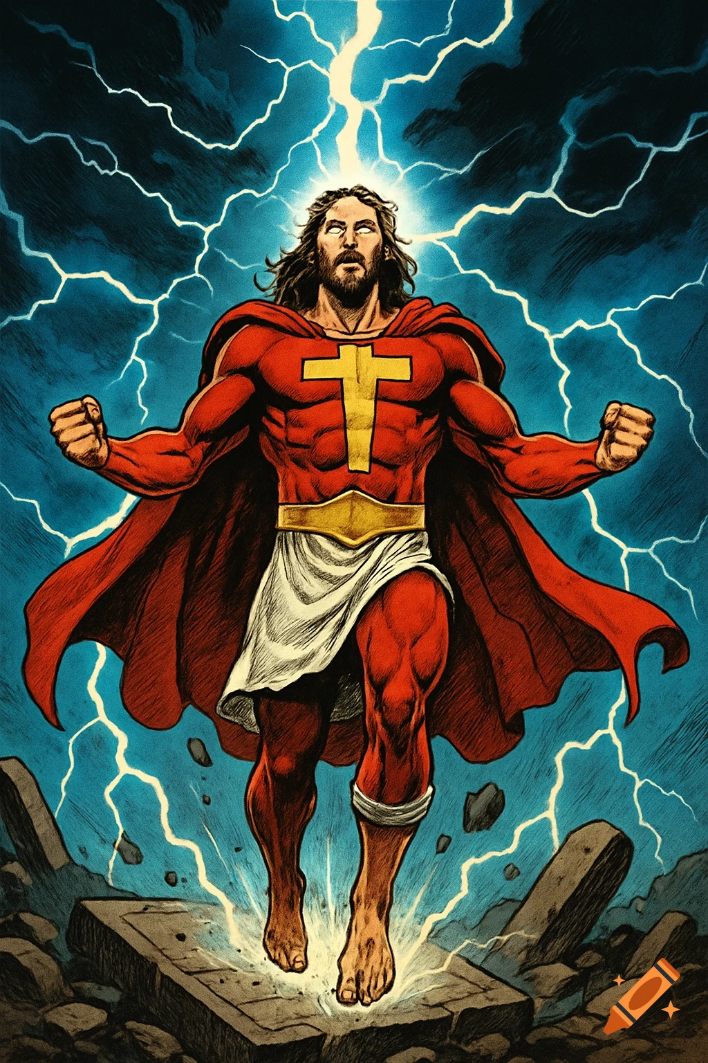 Jesus in a superhero costume with a cross on his chest, lightning ...