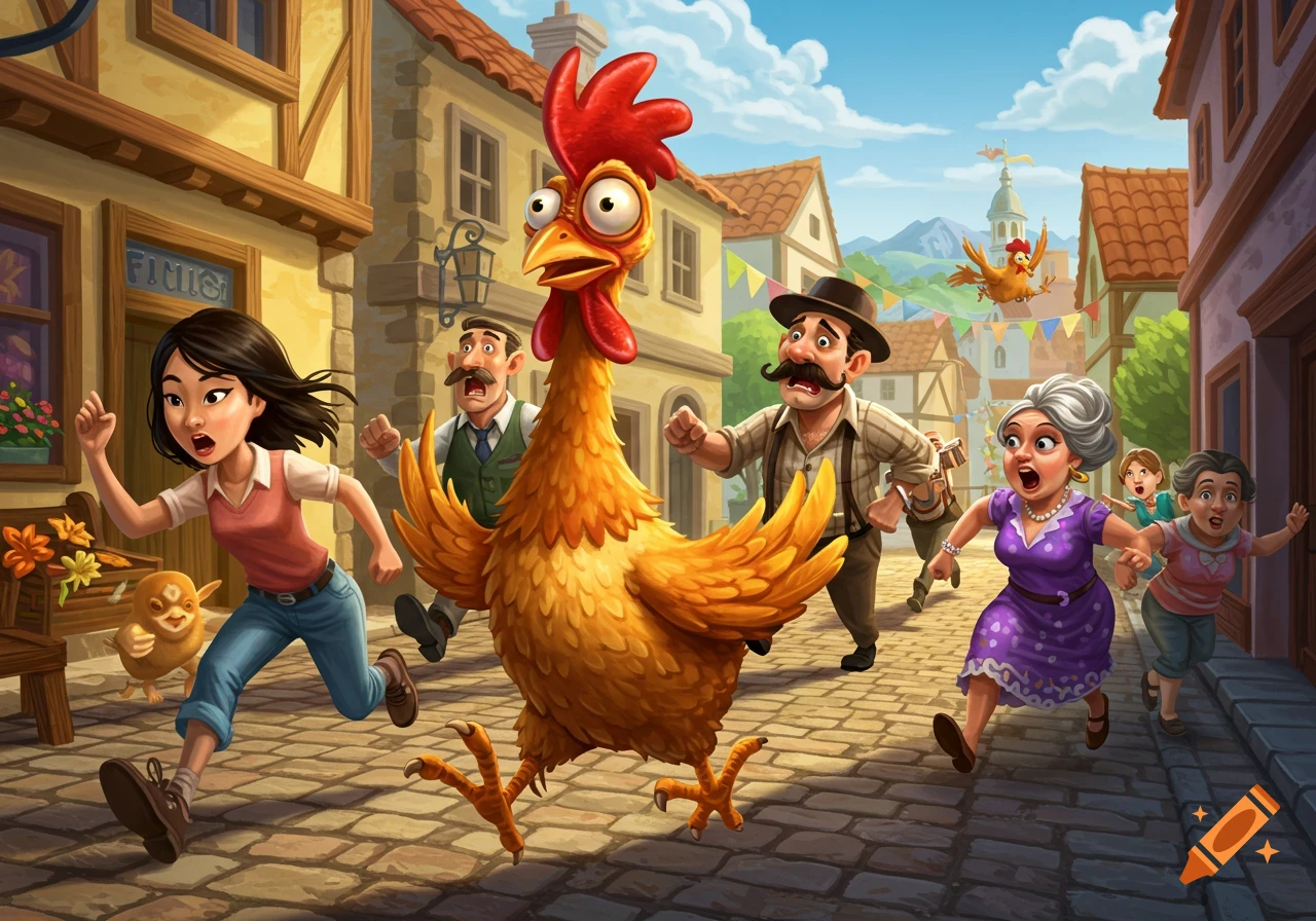 Cartoon people chase a giant chicken down a cobblestone street in a ...