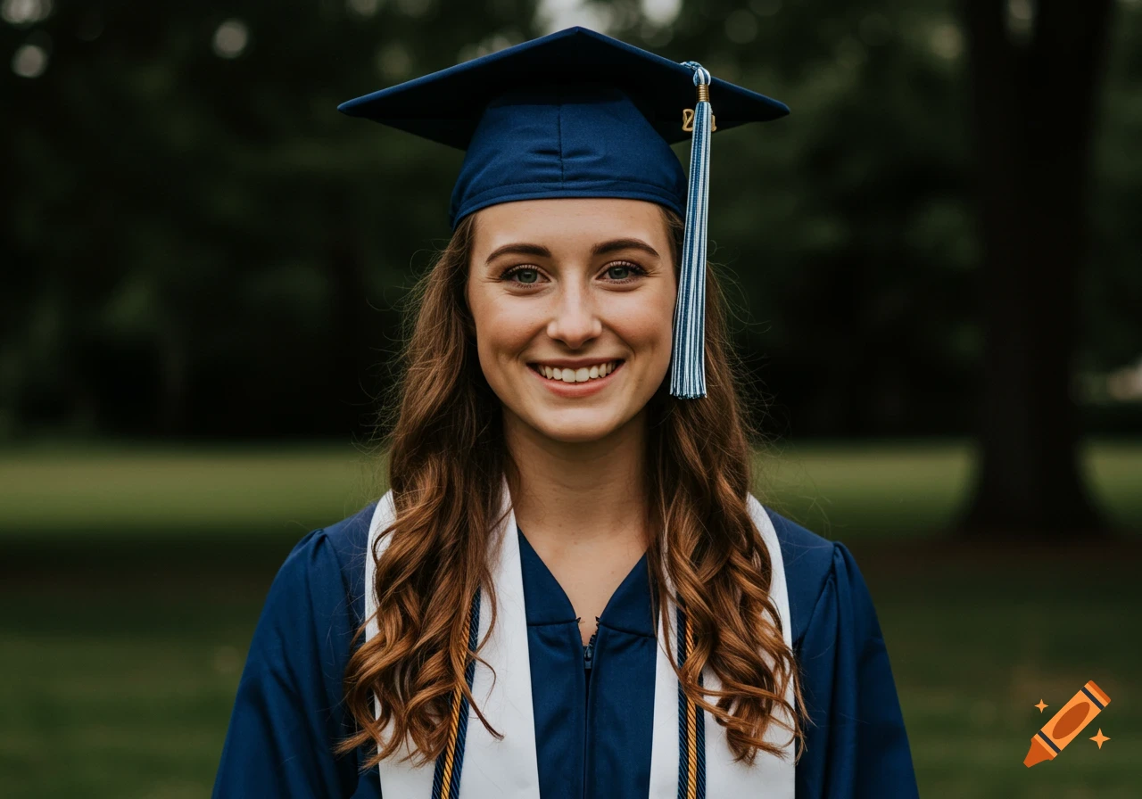 Close-up portrait of a smiling woman in a blue graduation cap and gown ...