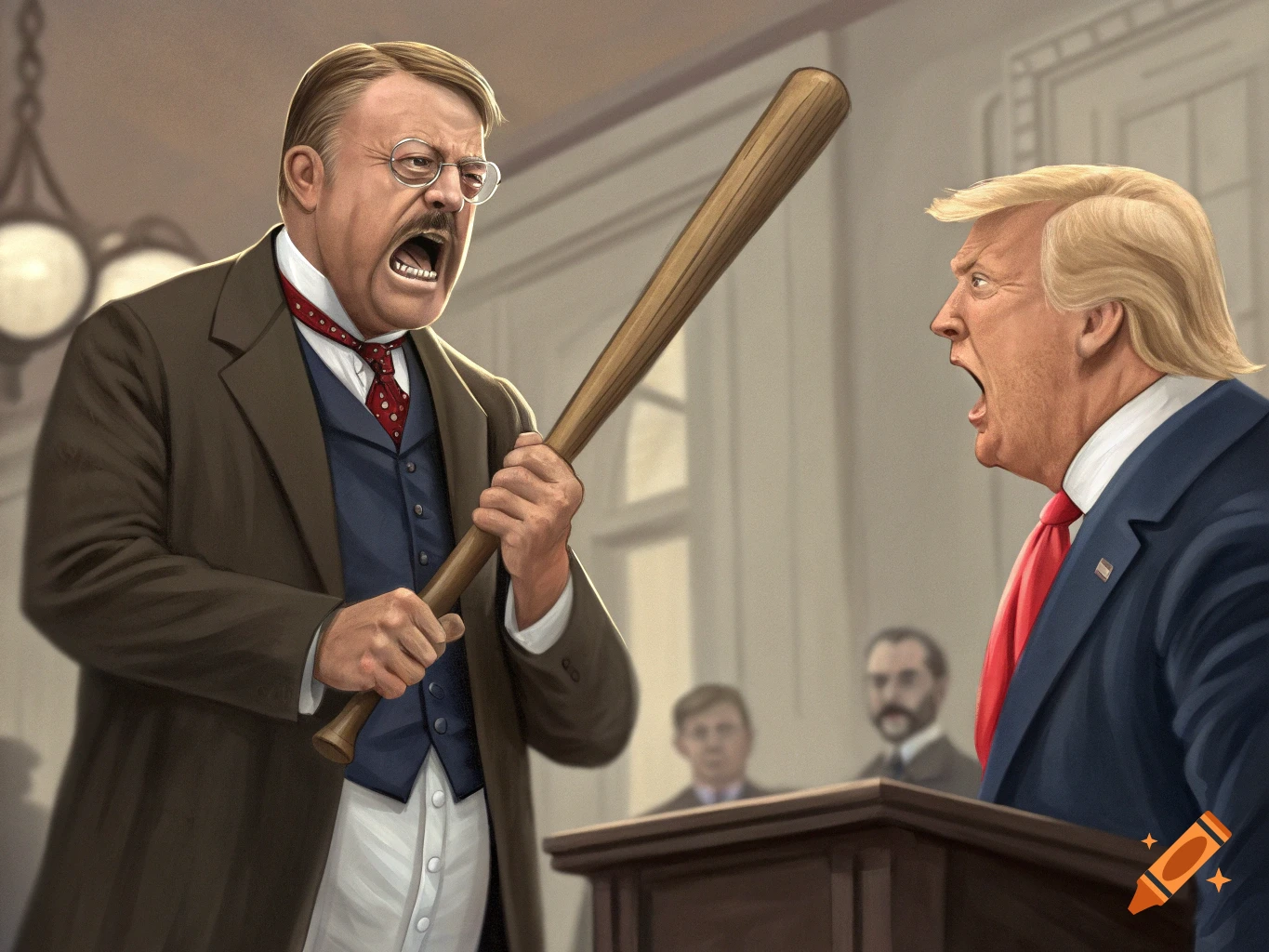 Illustration of Teddy Roosevelt shouting at Donald Trump while holding ...