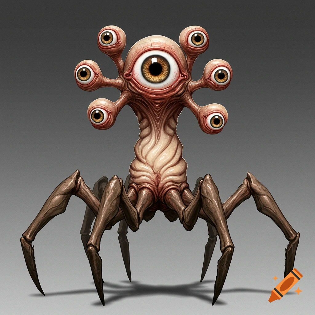 Concept art of a spider-legged creature with a central body, large main ...