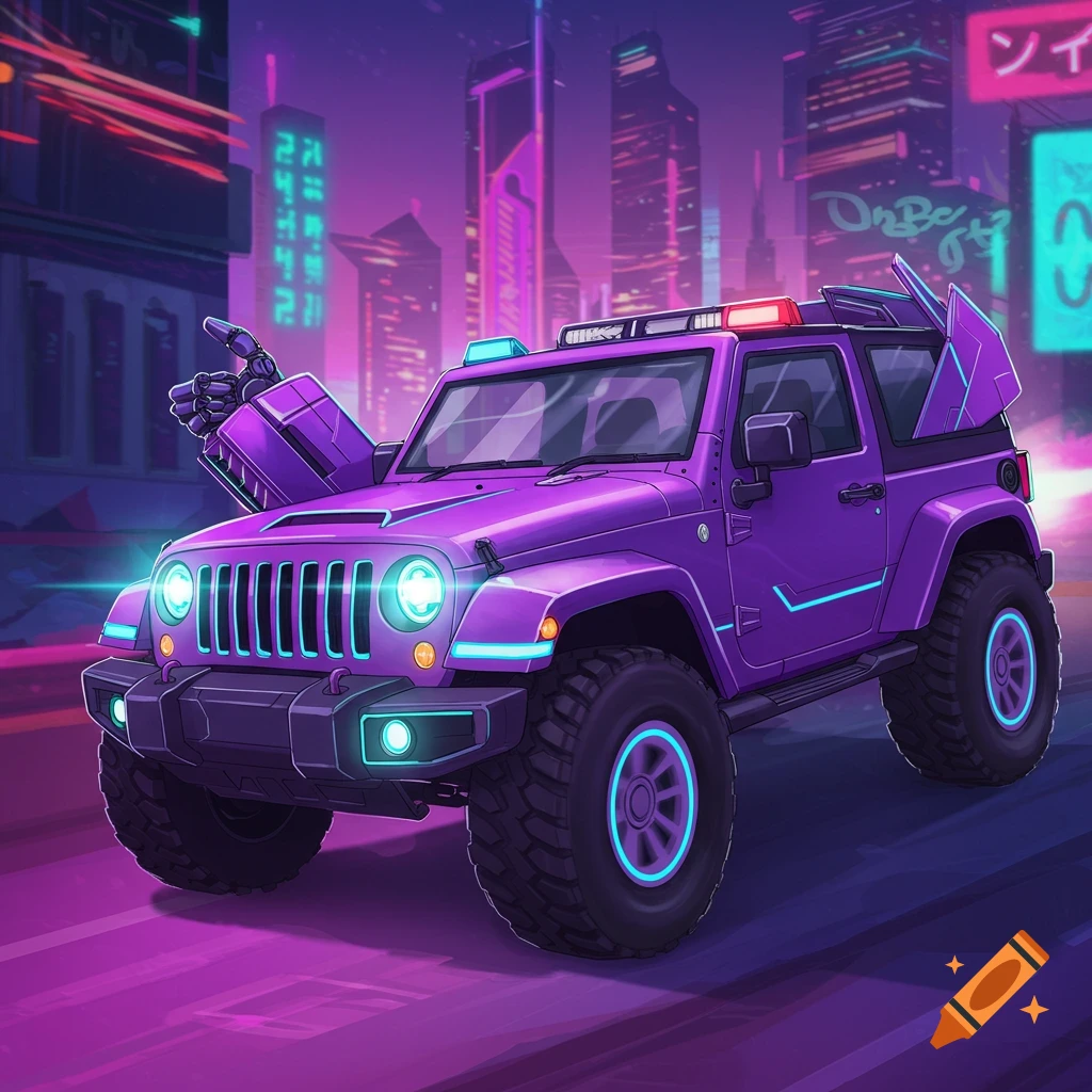 Purple Jeep with a robotic arm drives through a neon cyberpunk city. on ...