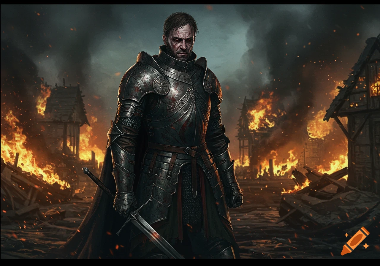 Dark fantasy knight in gothic armor stands in a burning medieval ...