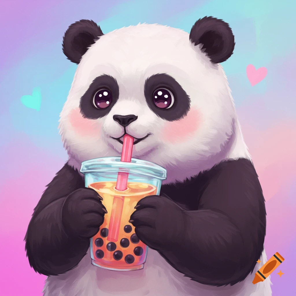 Cute panda drinking boba tea in a pastel illustration style on Craiyon