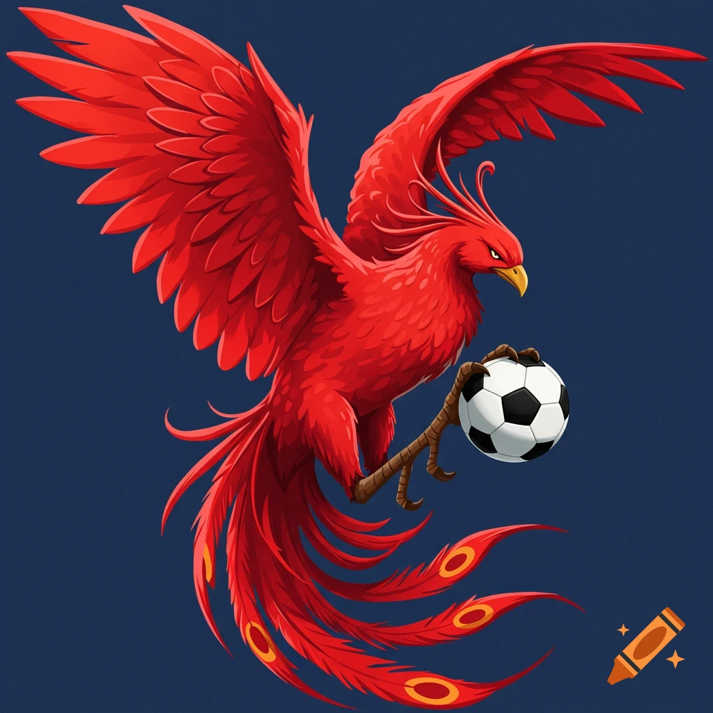 A red phoenix in flight holds a soccer ball in its talons. Stylized ...