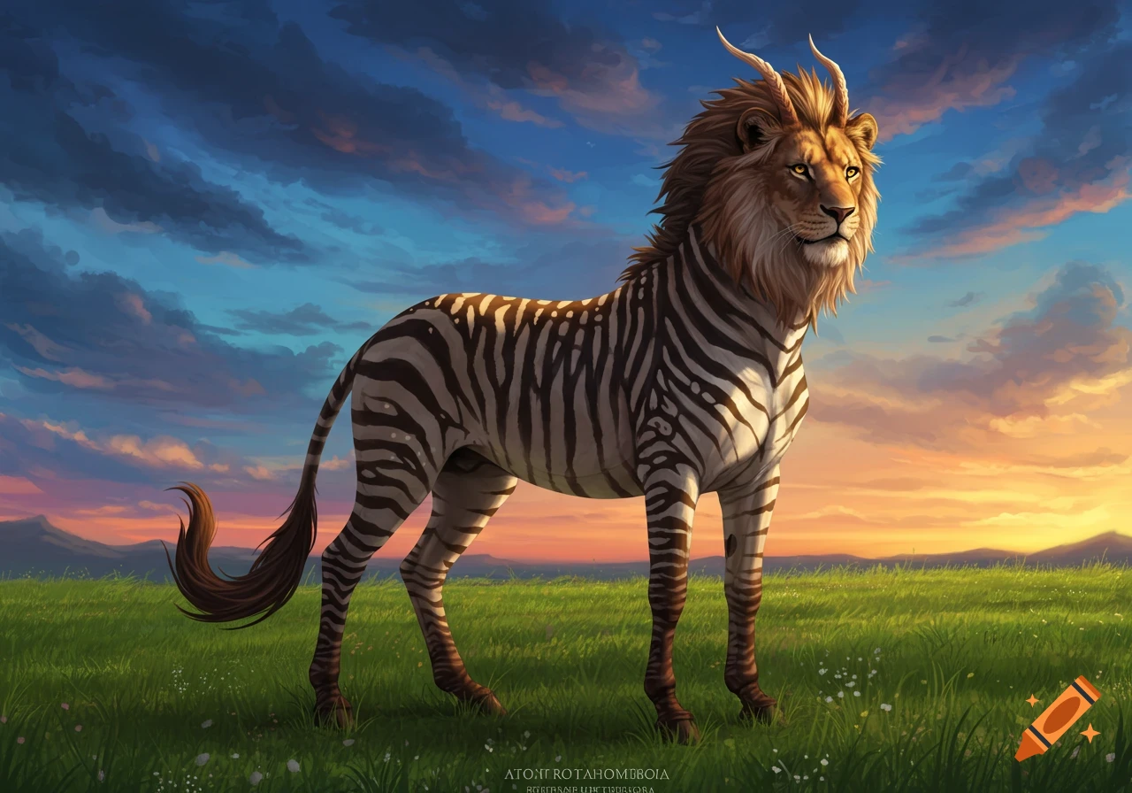 A lion-zebra hybrid with horns stands in a grassy field under a ...