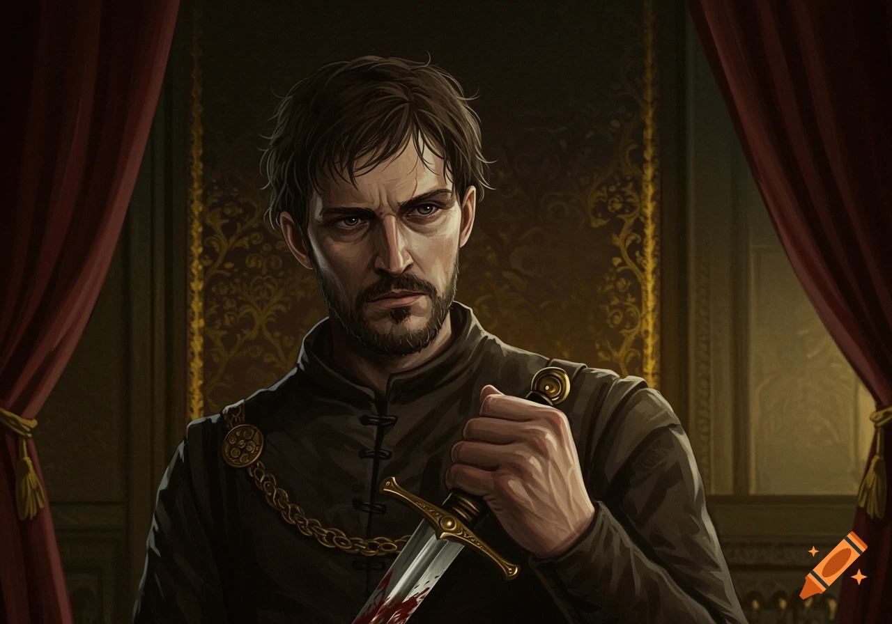 Man in dark clothes holding a bloody dagger, in a historical fantasy ...