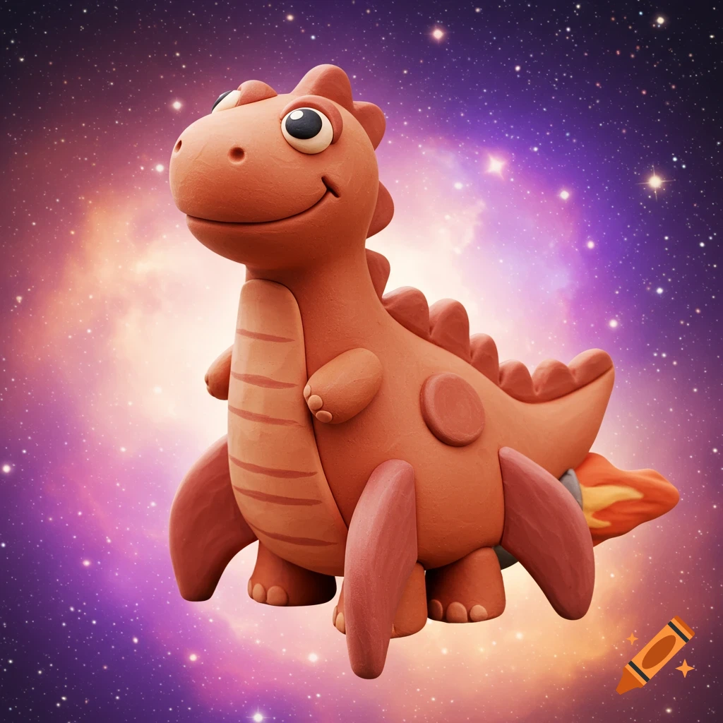 A happy clay model dinosaur toy with rocket boosters floats in space ...