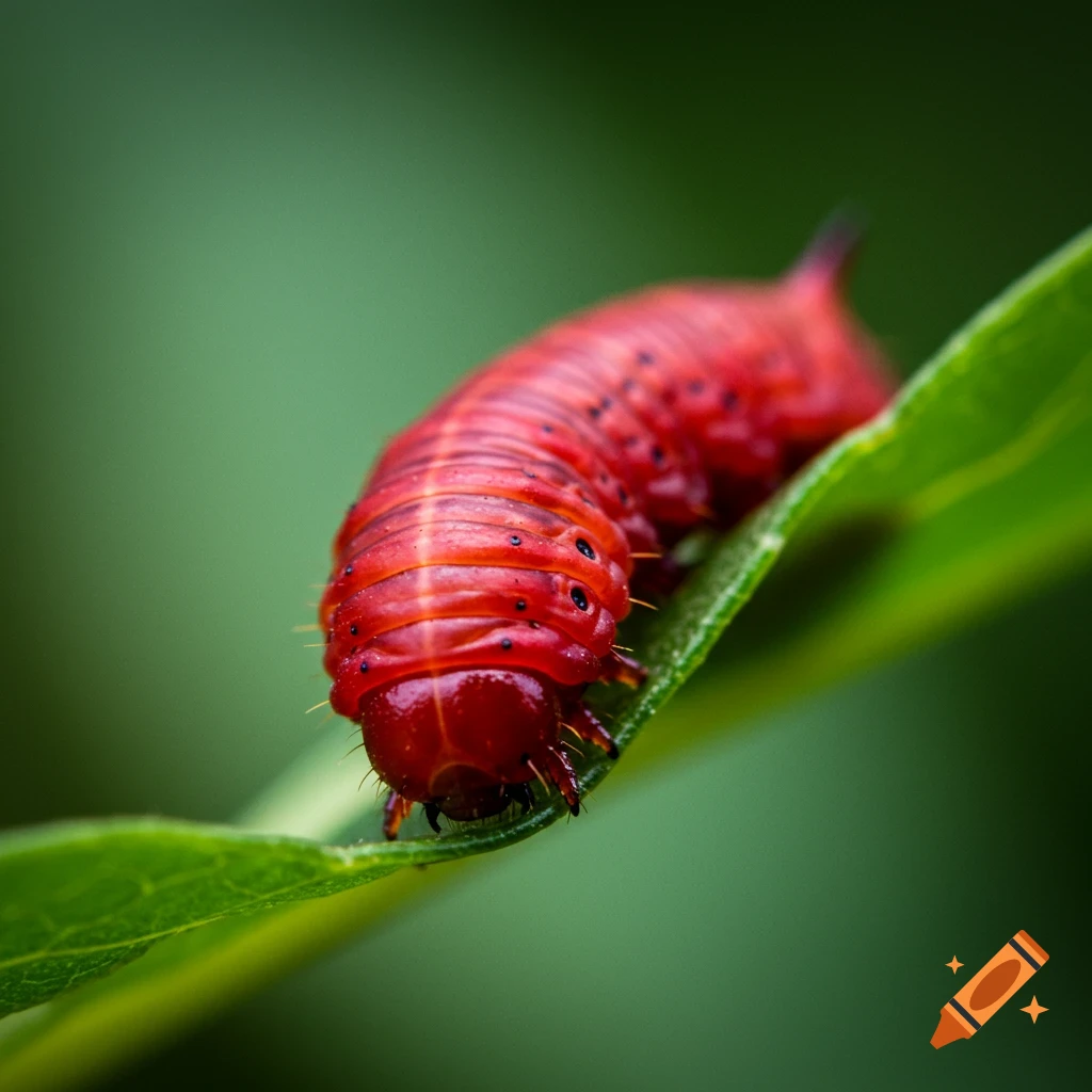 Close-up of a red caterpillar on a green leaf on Craiyon