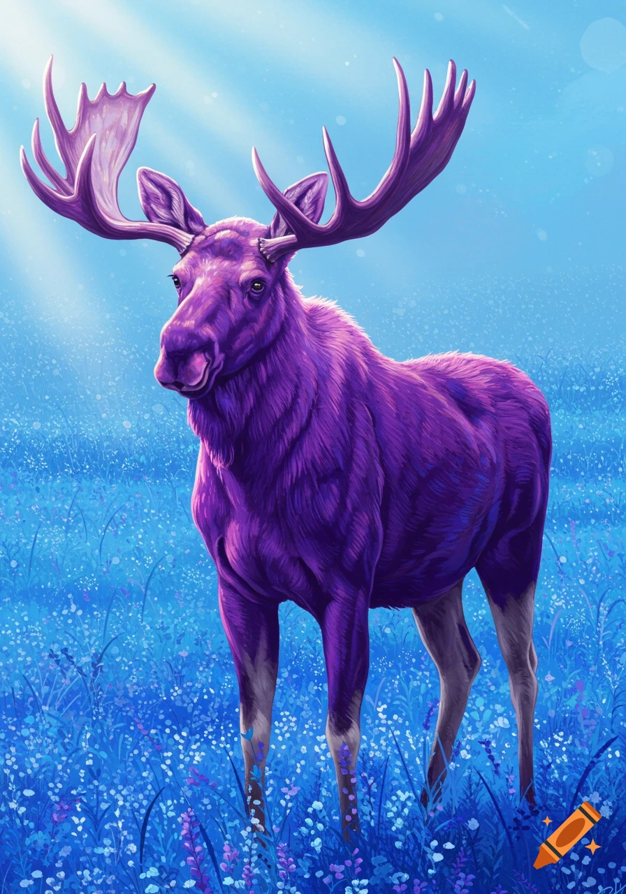 A purple moose stands in a blue meadow under a bright sky with sun rays ...