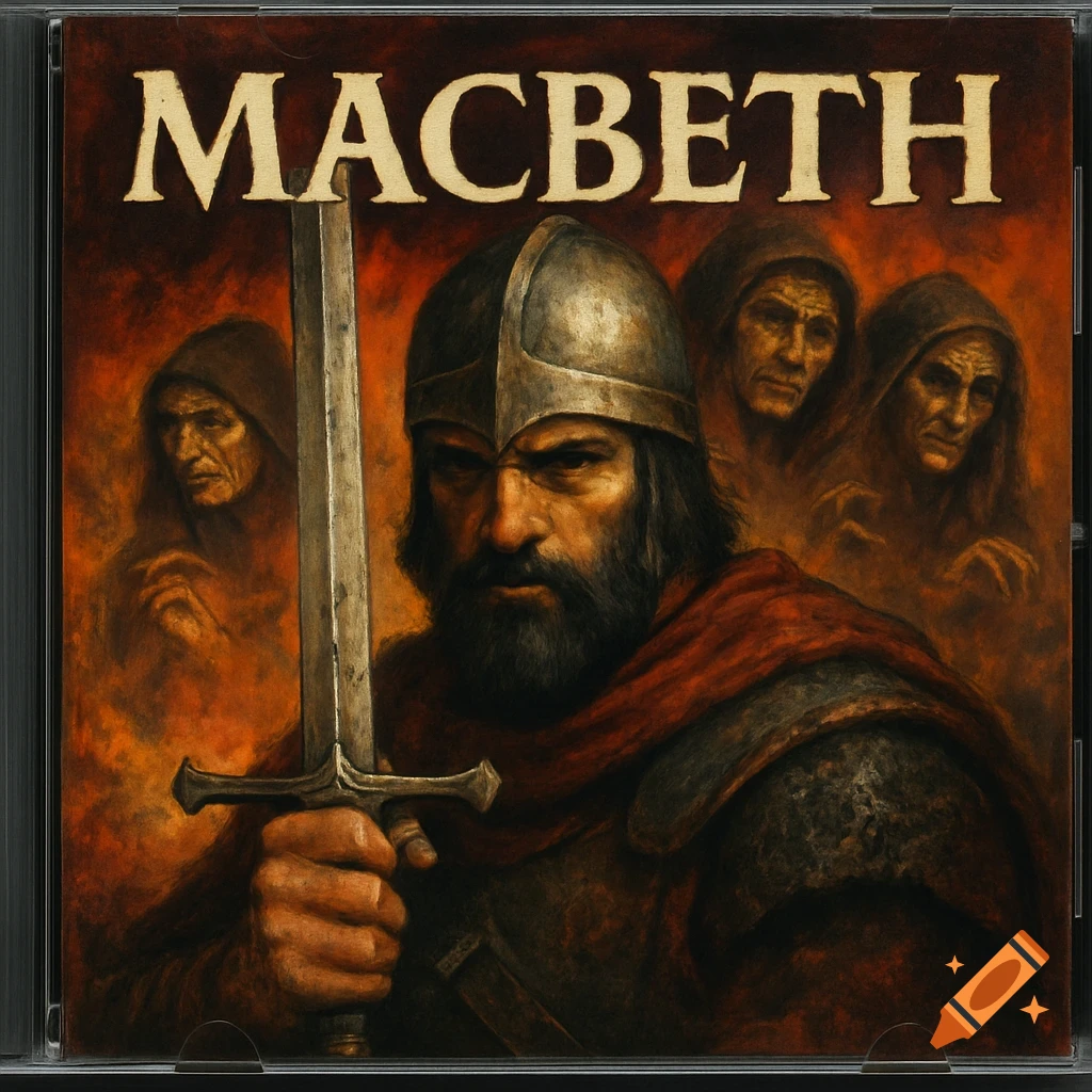 Dramatic painted CD cover art for Macbeth showing a warrior with a ...