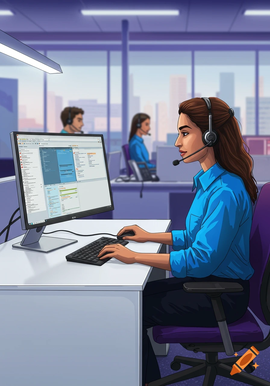An illustration of a call center agent wearing a headset and working at a computer in an office ...