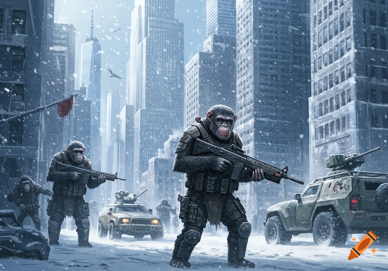 Armed apes in military gear stand guard with vehicles in a snowy ...