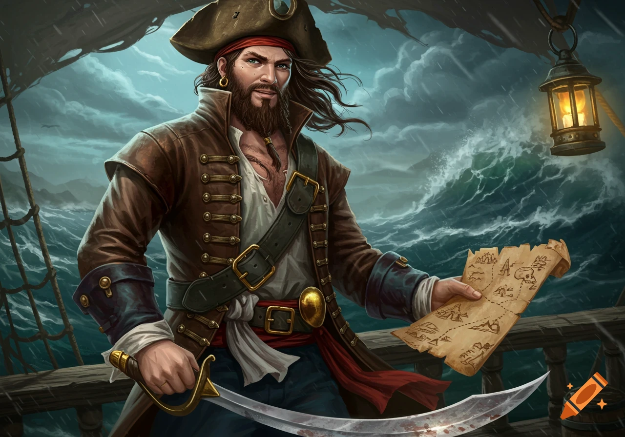 An illustrated portrait of a pirate standing on a ship deck during a ...