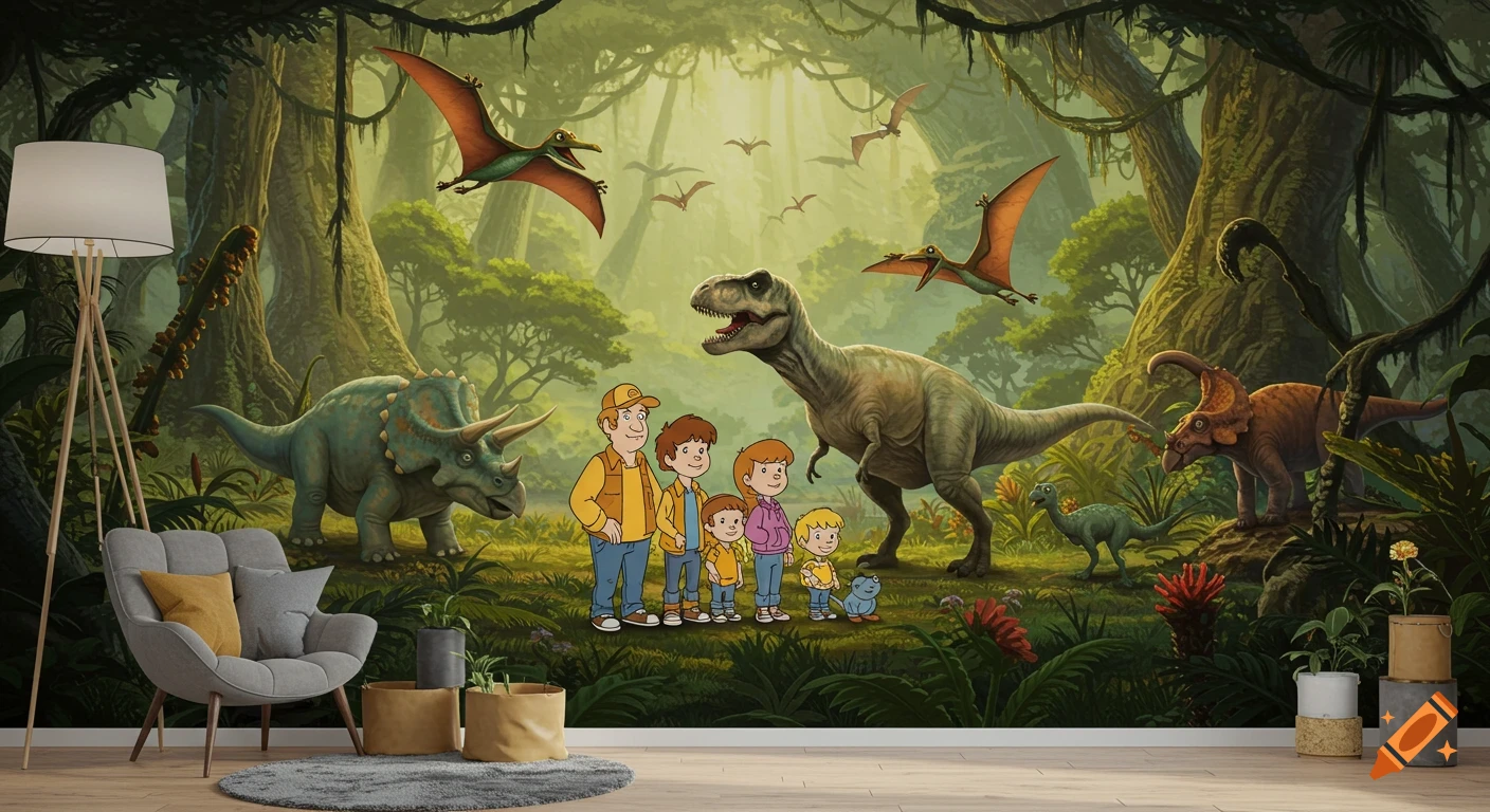 A cartoon-style mural of humans standing with dinosaurs in a lush ...