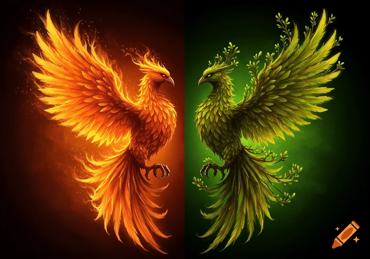 A fire phoenix and a plant phoenix face each other. on Craiyon