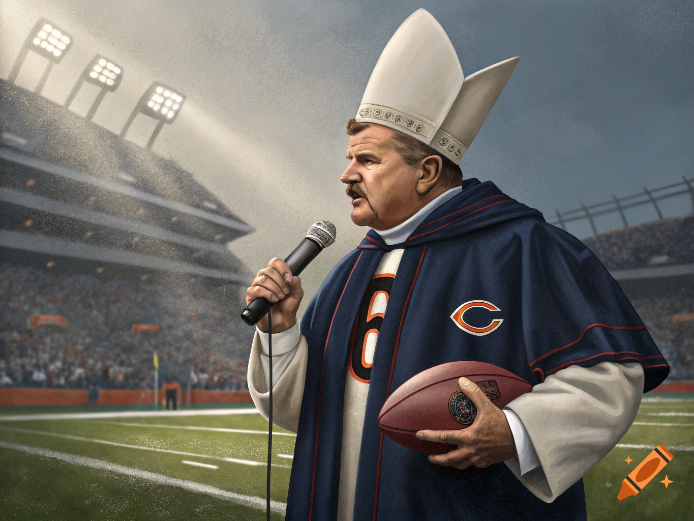 Painting of Mike Ditka dressed as Pope at a football stadium holding a ...