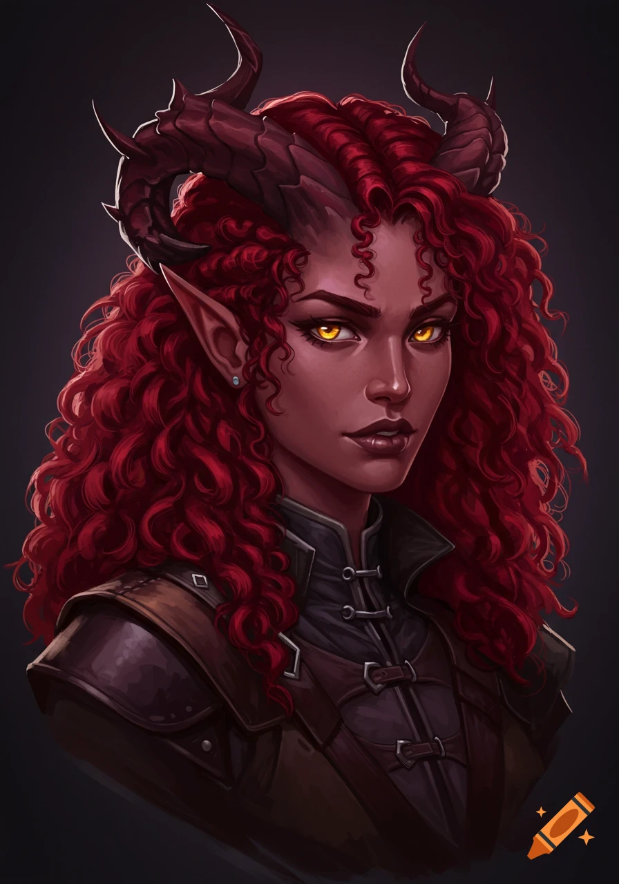 Realistic fantasy portrait of a female tiefling with red curly hair, horns, and yellow eyes on ...