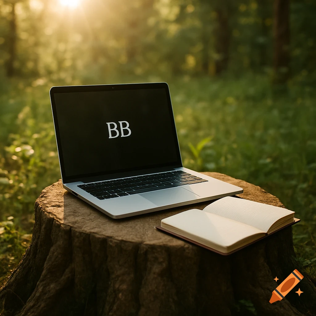 A laptop with "BB" on the screen sits beside an open notebook on a tree ...