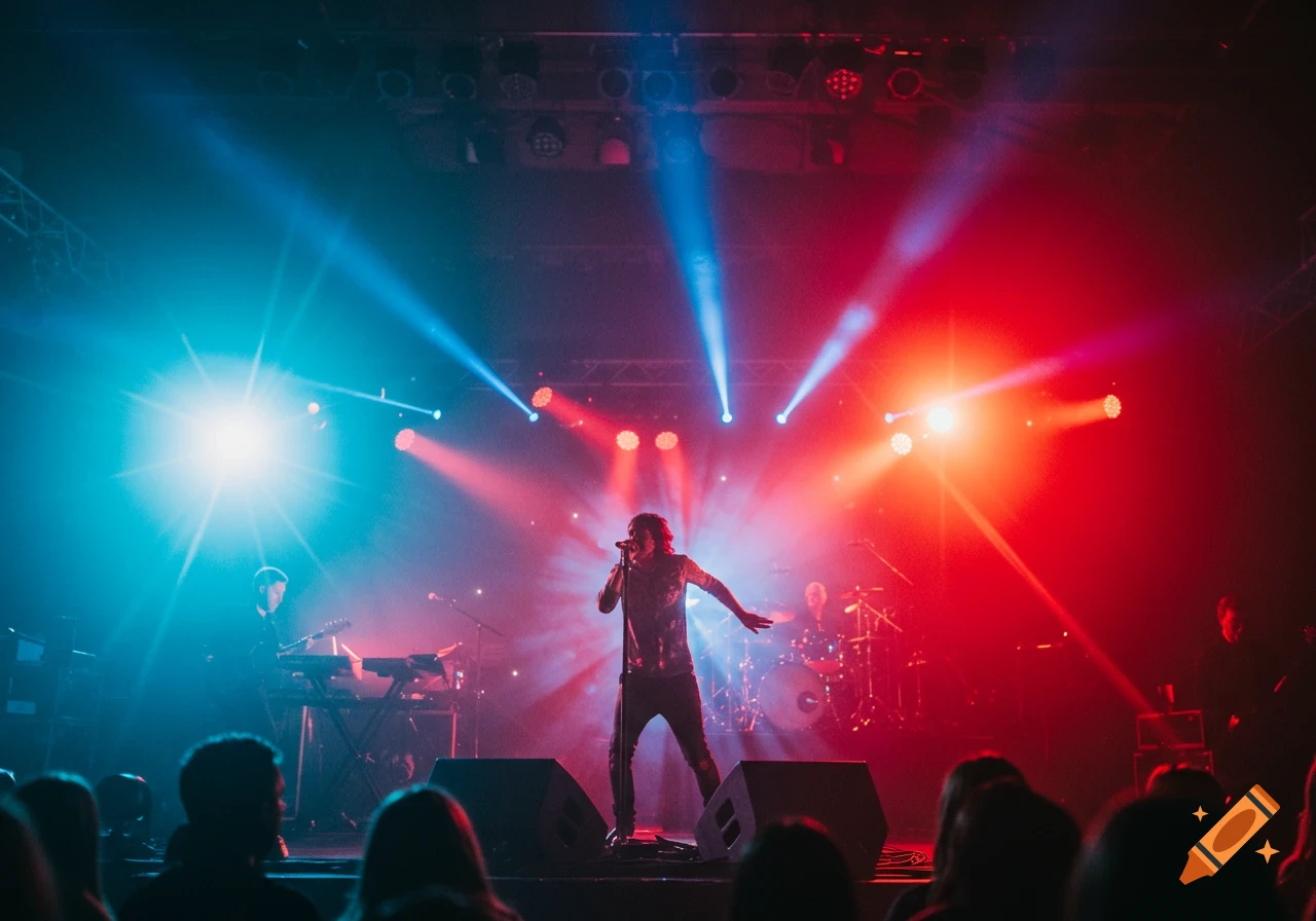 A musician sings on stage under bright red and blue lights with lens ...
