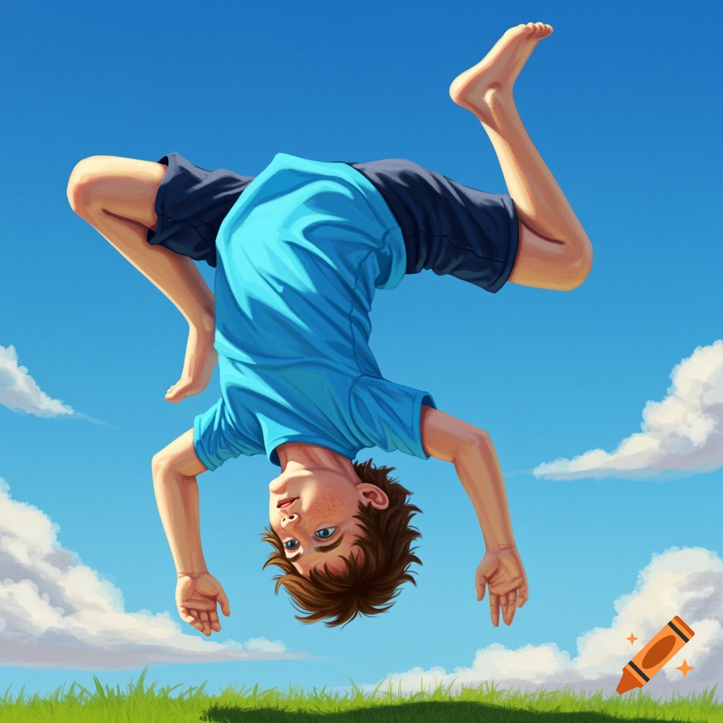An illustration of a boy doing a backflip in the air against a blue sky ...
