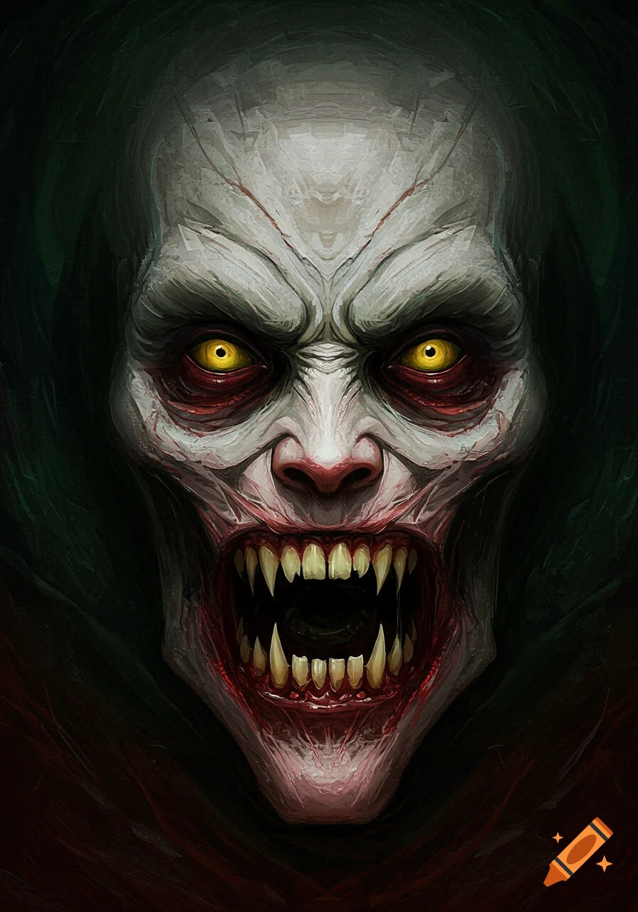 Close-up portrait of a monstrous face with fangs and yellow eyes. on ...