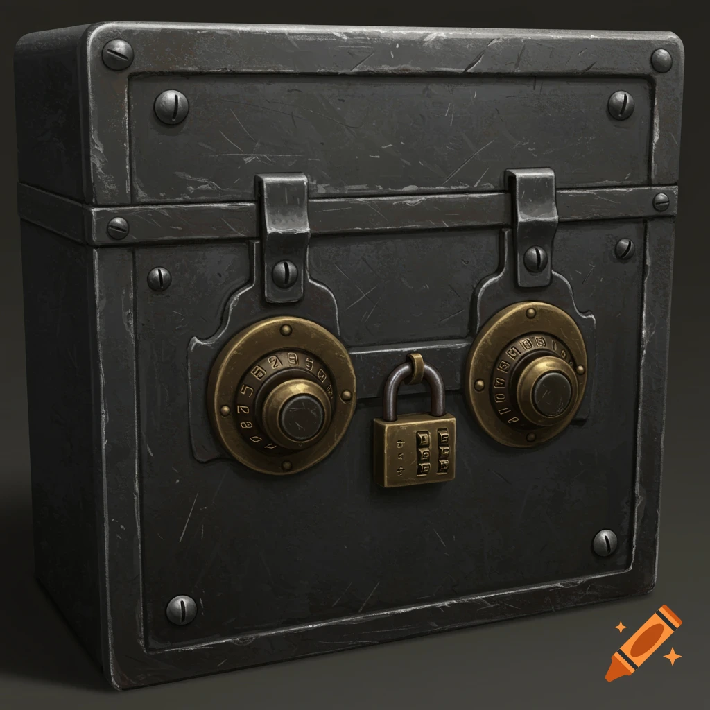 A detailed render of a dark metal lock box featuring two combination ...