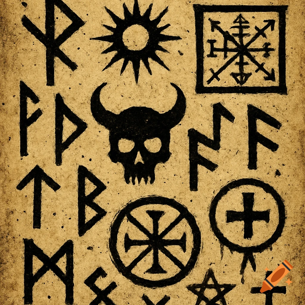 A collection of dark fantasy runes and symbols on a textured background ...