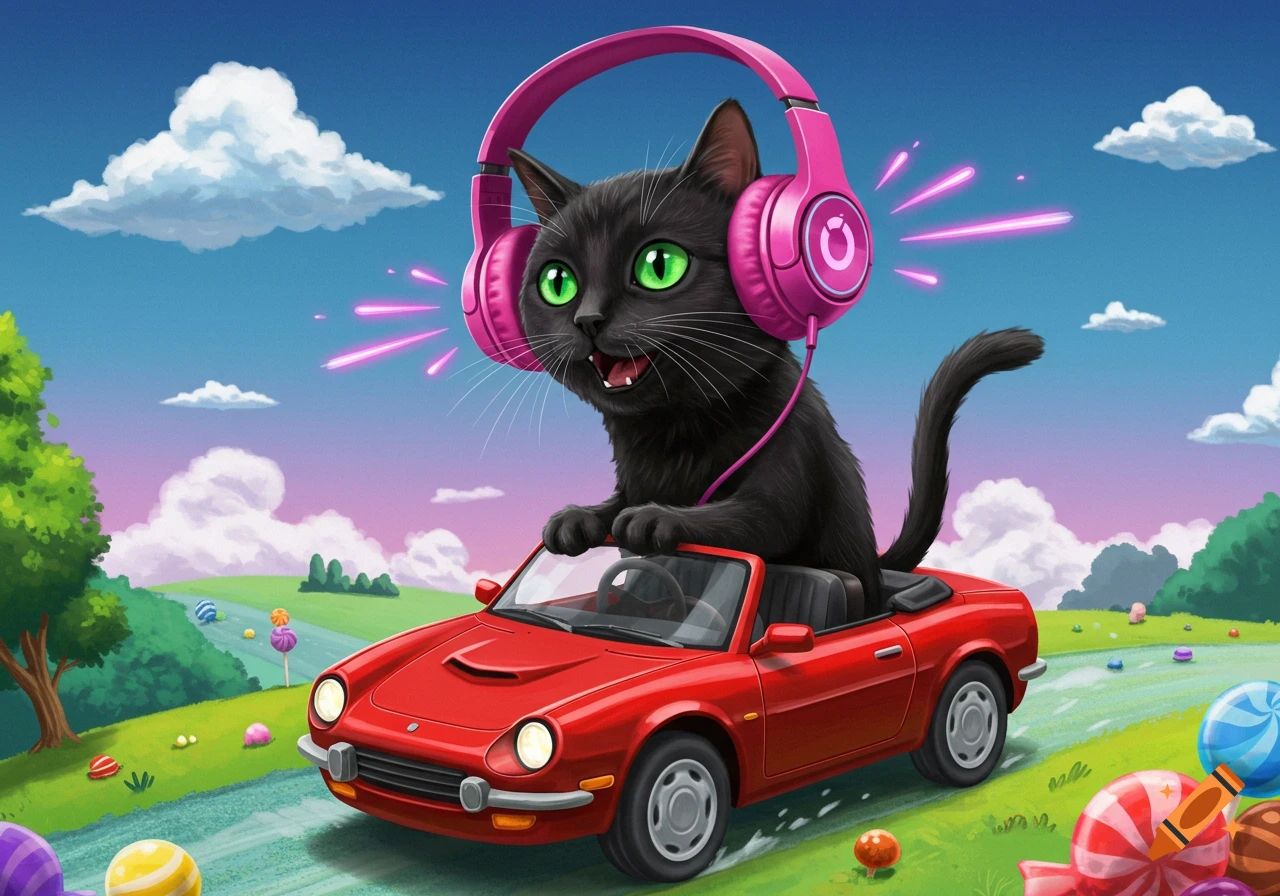 A black cat wearing pink headphones drives a red convertible car past ...
